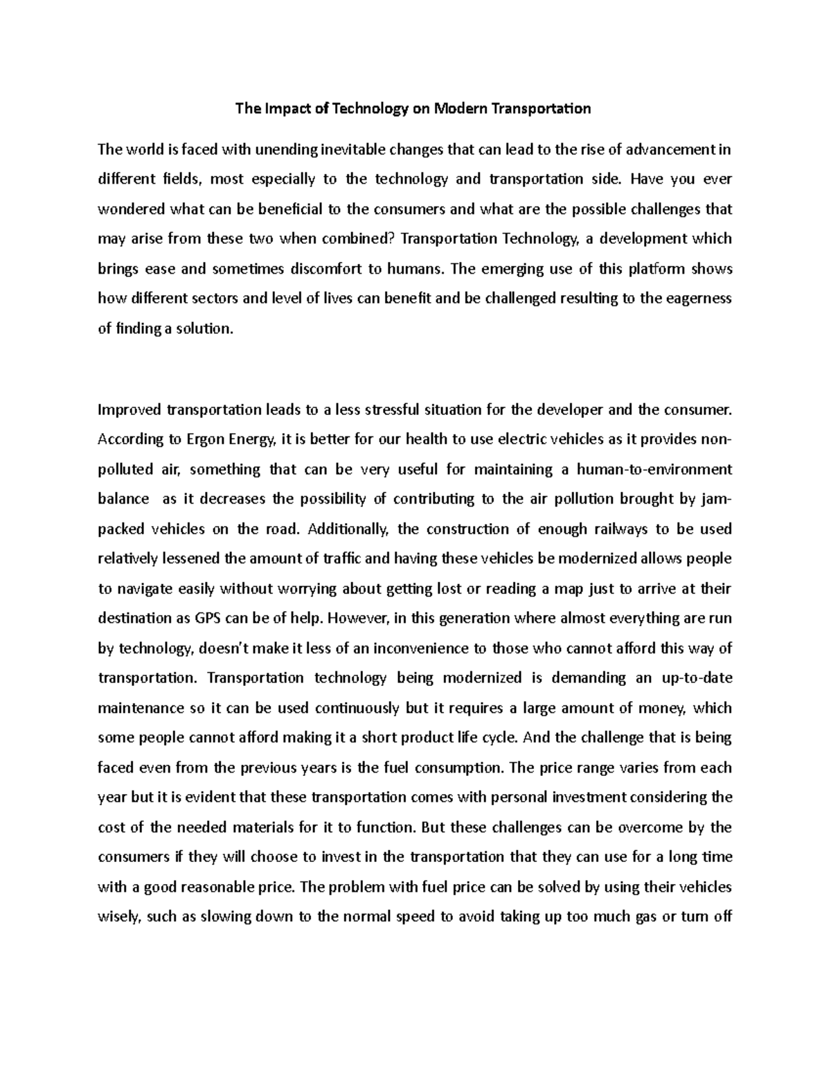 Transportation Technology Speech - The Impact of Technology on Modern ...