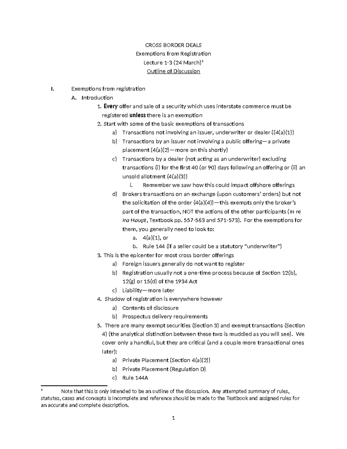 Handout-Outline for Lecture 1-3 - CROSS BORDER DEALS Exemptions from ...