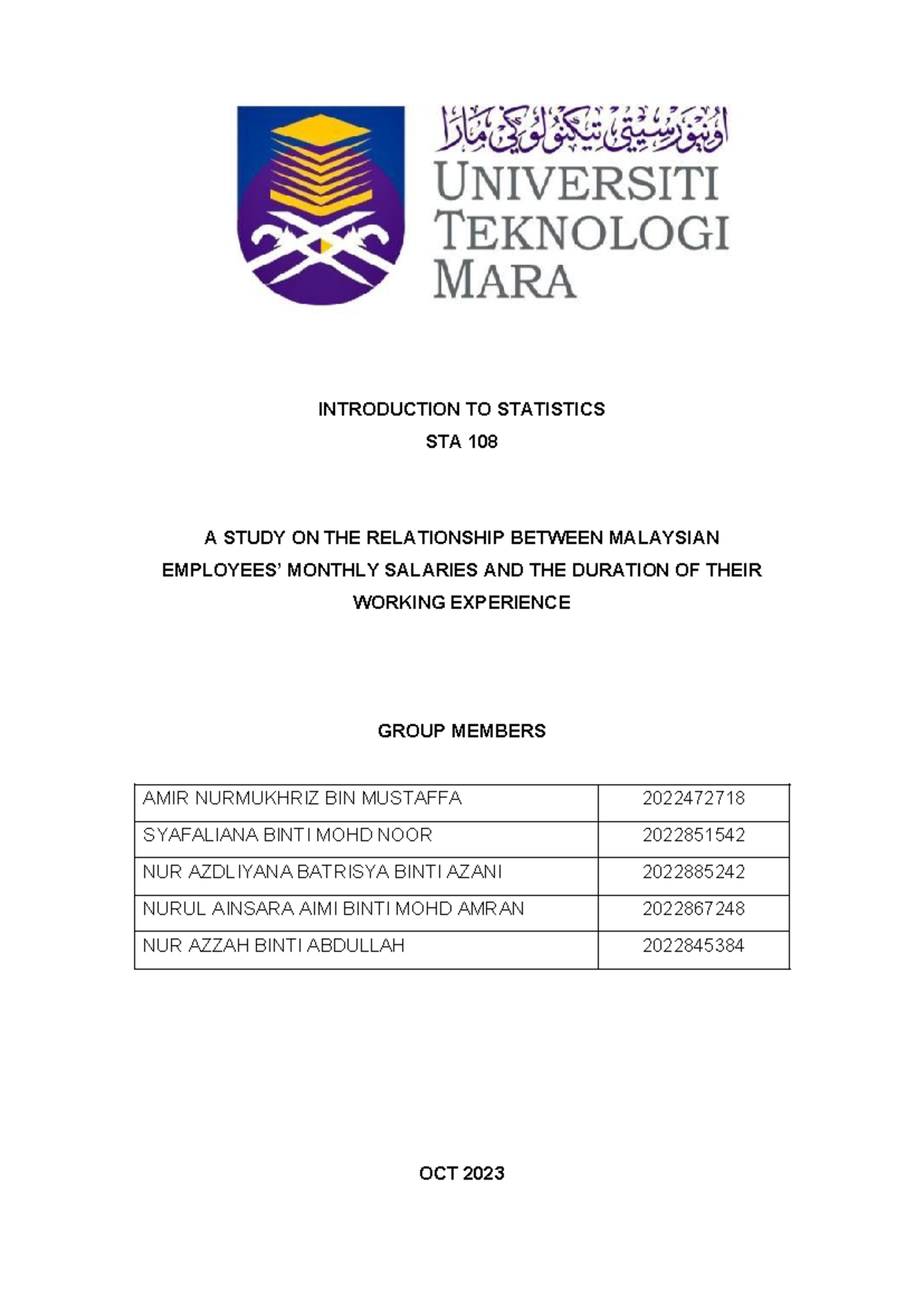 Salary permonth and experience of work - INTRODUCTION TO STATISTICS STA 108 A STUDY ON THE - Studocu