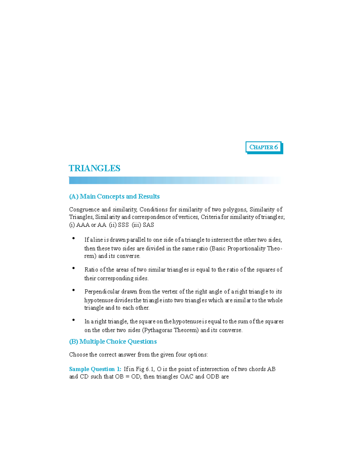 CBSE Class 10 Maths Ncert Exemplar Book PDF Triangles - (A) Main Concepts and Results Congruence ...