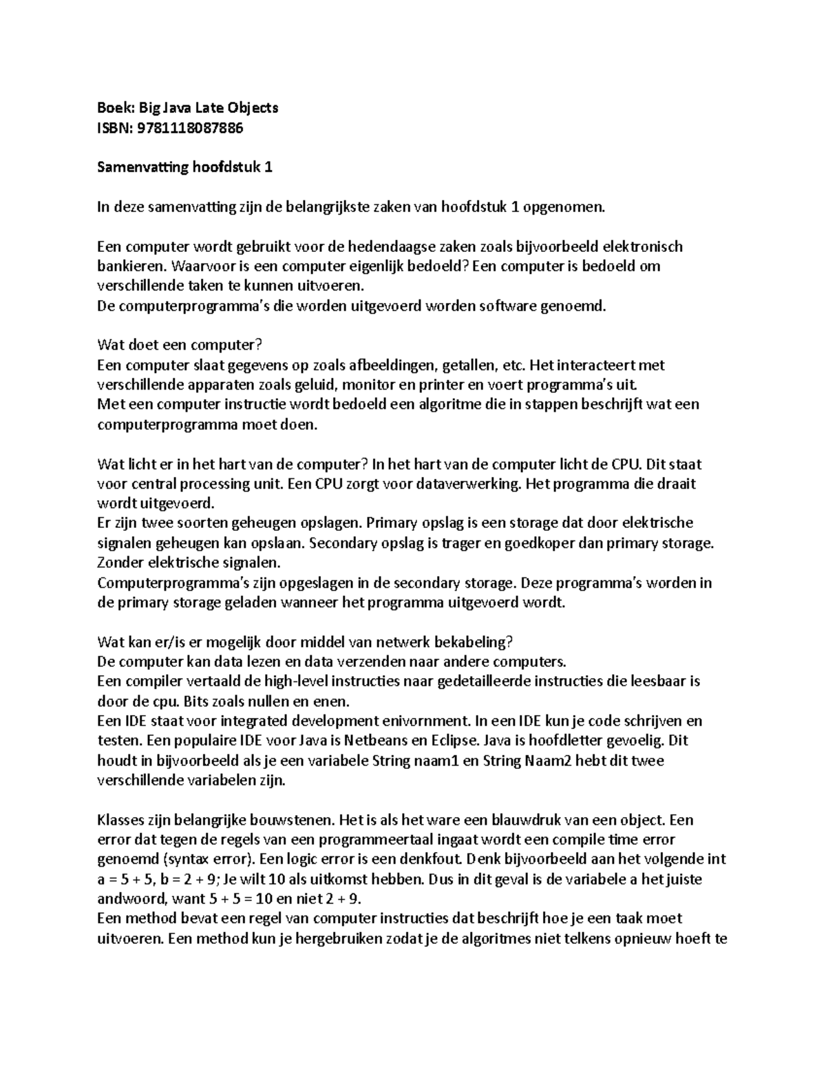 Samenvatting H1 - Big Java - Boek: Big Java Late Objects ISBN ...