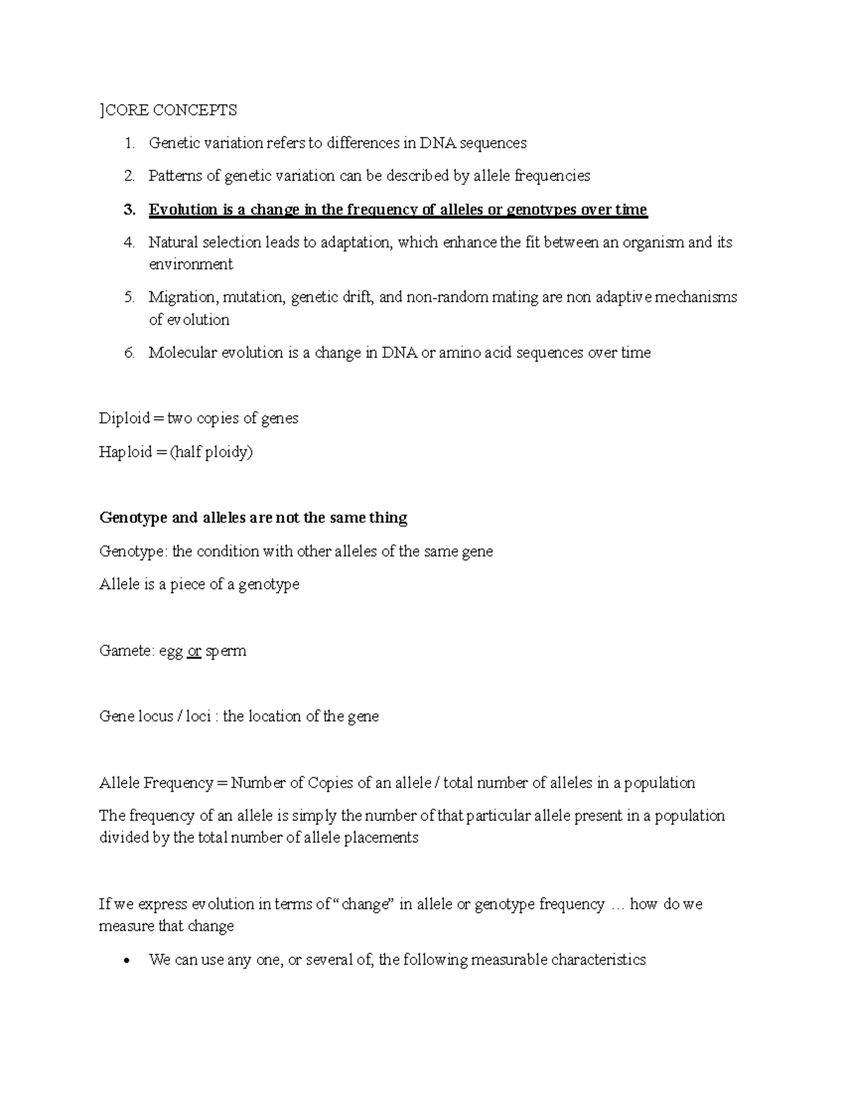 BIO 1108 - Lecture Notes Unit 1 & 2 - ]CORE CONCEPTS 1. Genetic ...