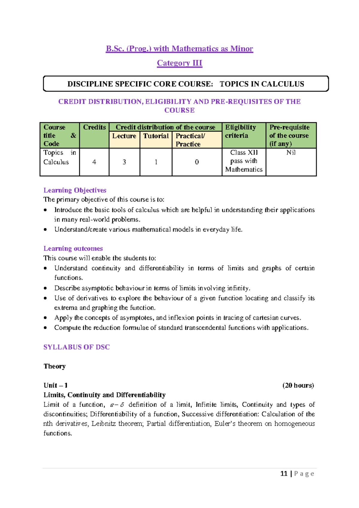 Topics in Calculus - 11 | P a g e B. (Prog.) with Mathematics as Minor ...