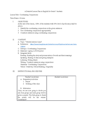 Coordinating Conjunctions - I. OBJECTIVES At the end of the lesson, 100 ...