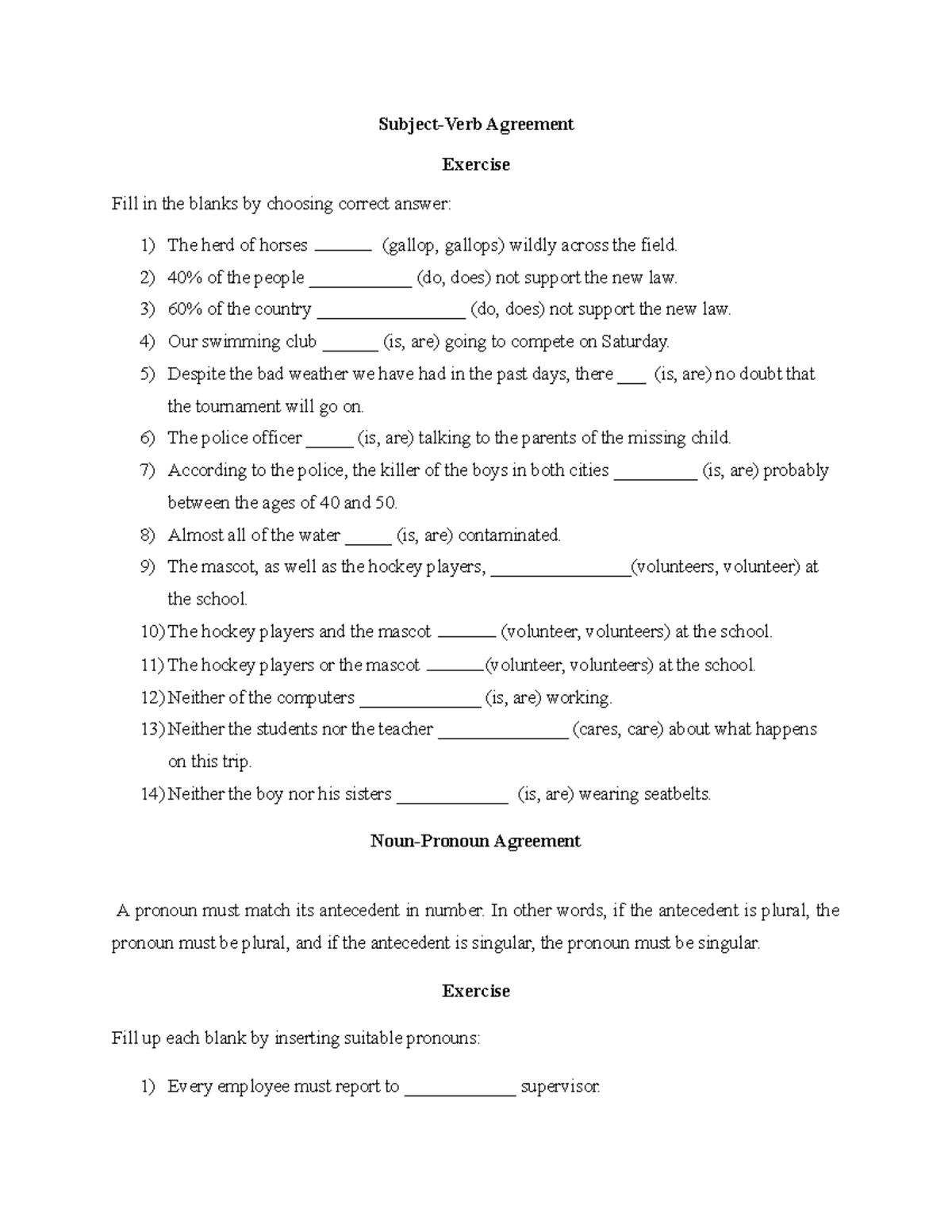 (5)Exercises - notes - Subject-Verb Agreement Exercise Fill in the ...