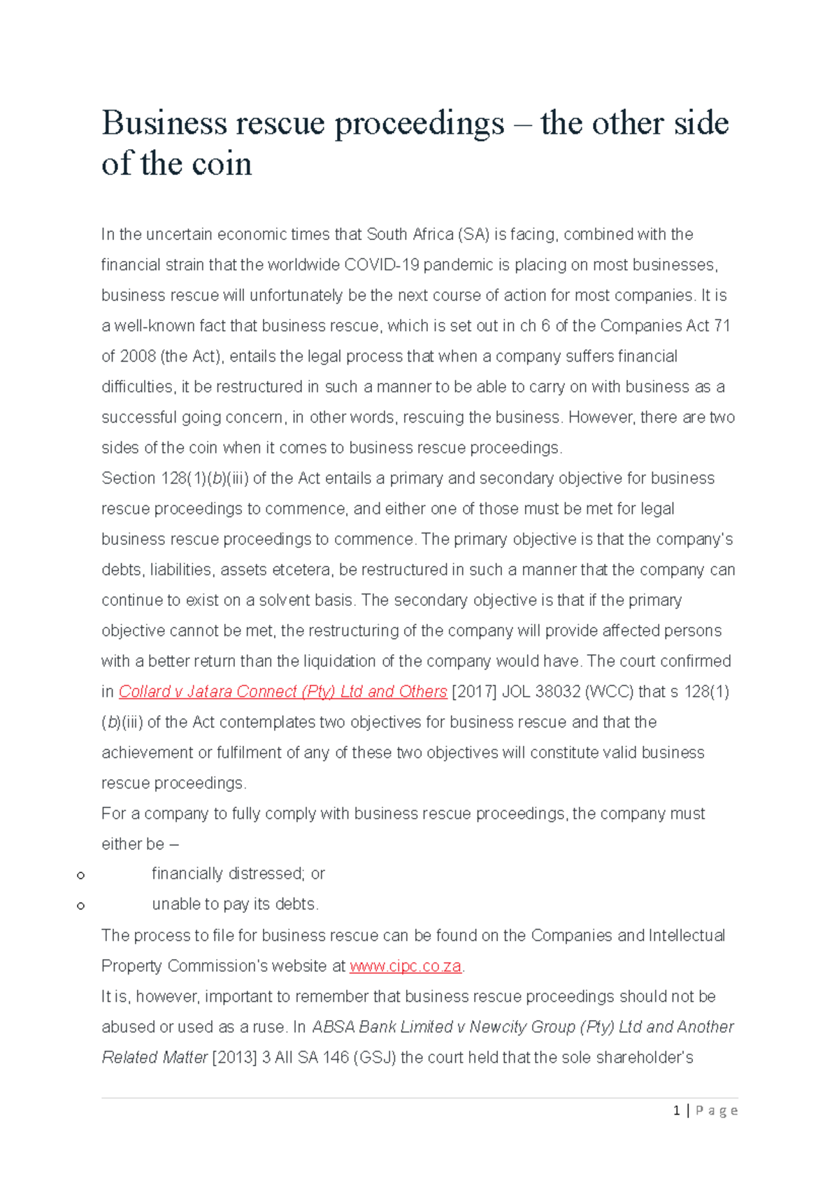 Business rescue proceedings - It is a well-known fact that business ...