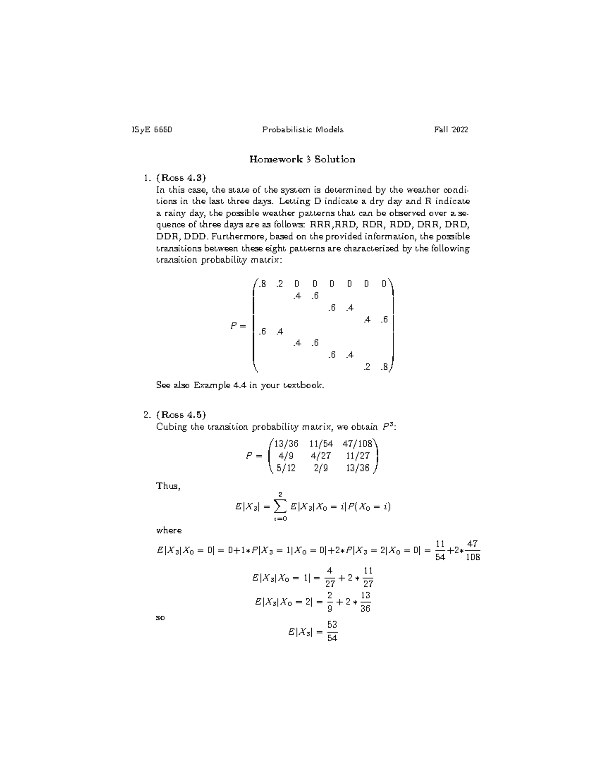 Assignment 3 sol - Nothing - ISyE 6650 Probabilistic Models Fall 2022 Homework 3 Solution (Ross ...