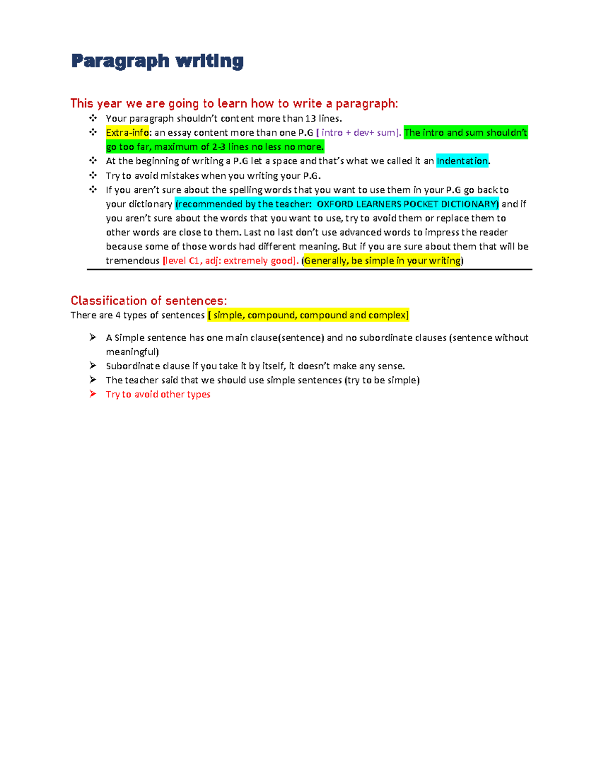 note taking in P.G course - Paragraph writing This year we are going to ...