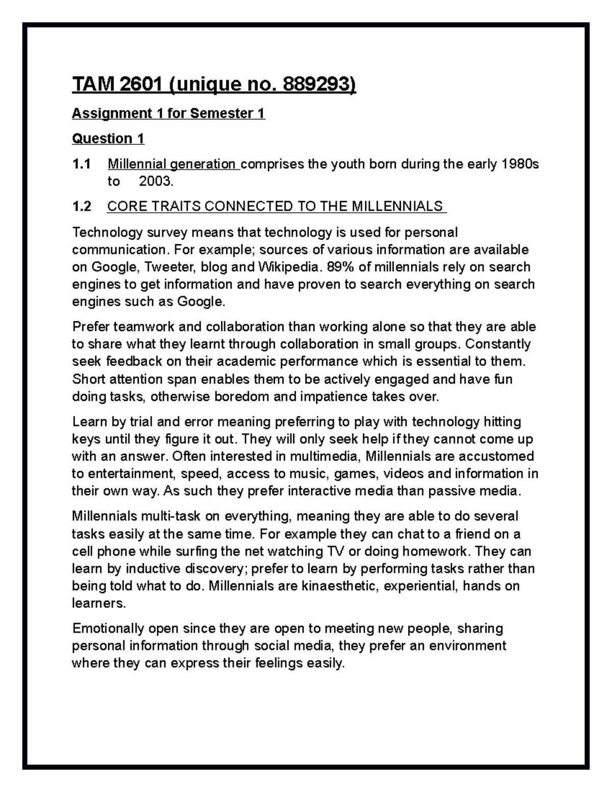 TAM Assignment 1 - Completed course guide. - TAM 2601 (unique no ...