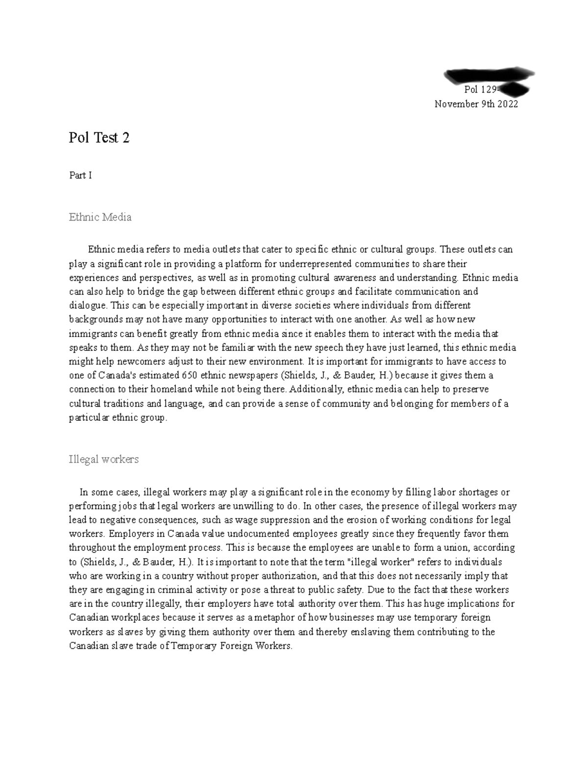 Pol test number 2 - Harleen Kullar Pol 129- 021 November 9th 2022 Pol ...