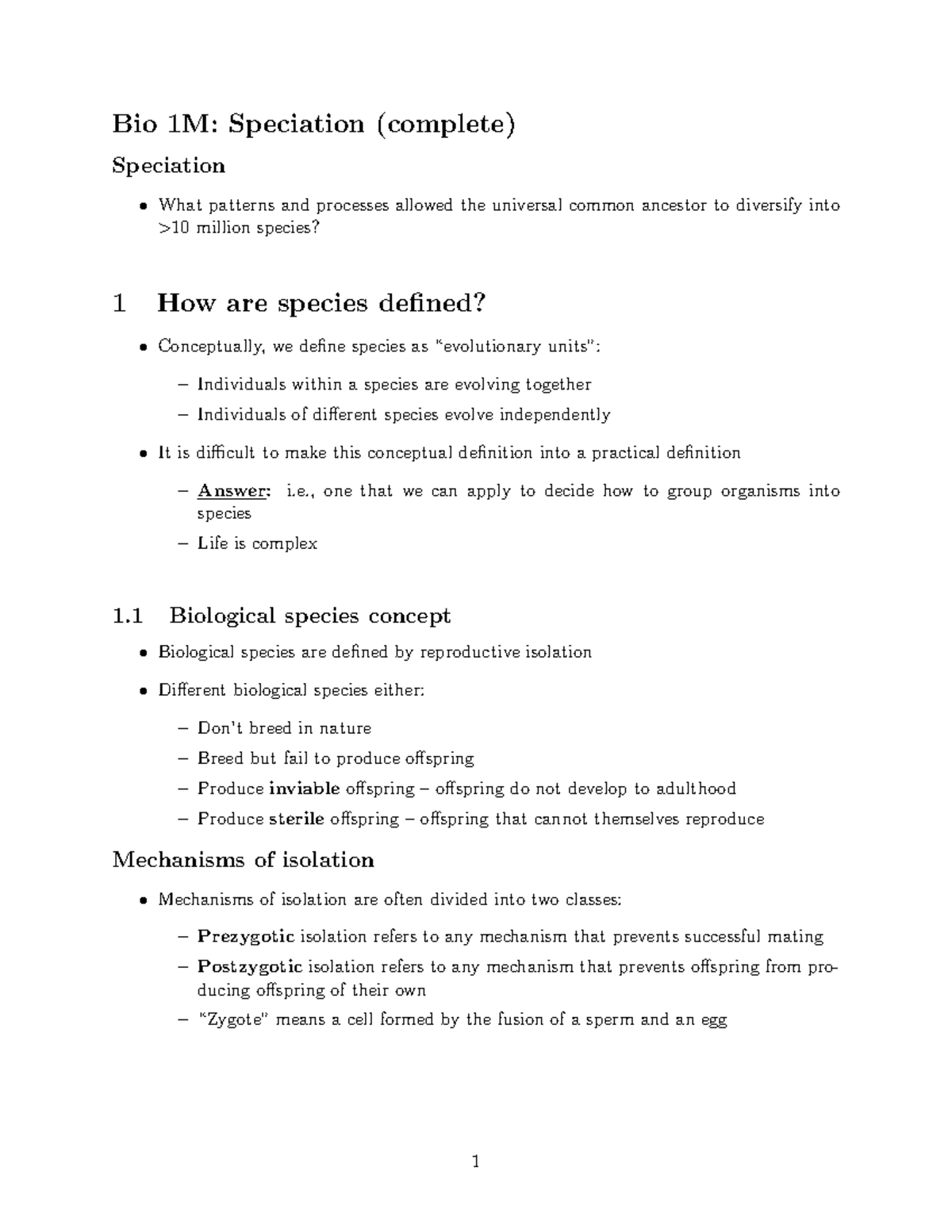 Speciation - completed notes w/answers and comments - Bio 1M ...