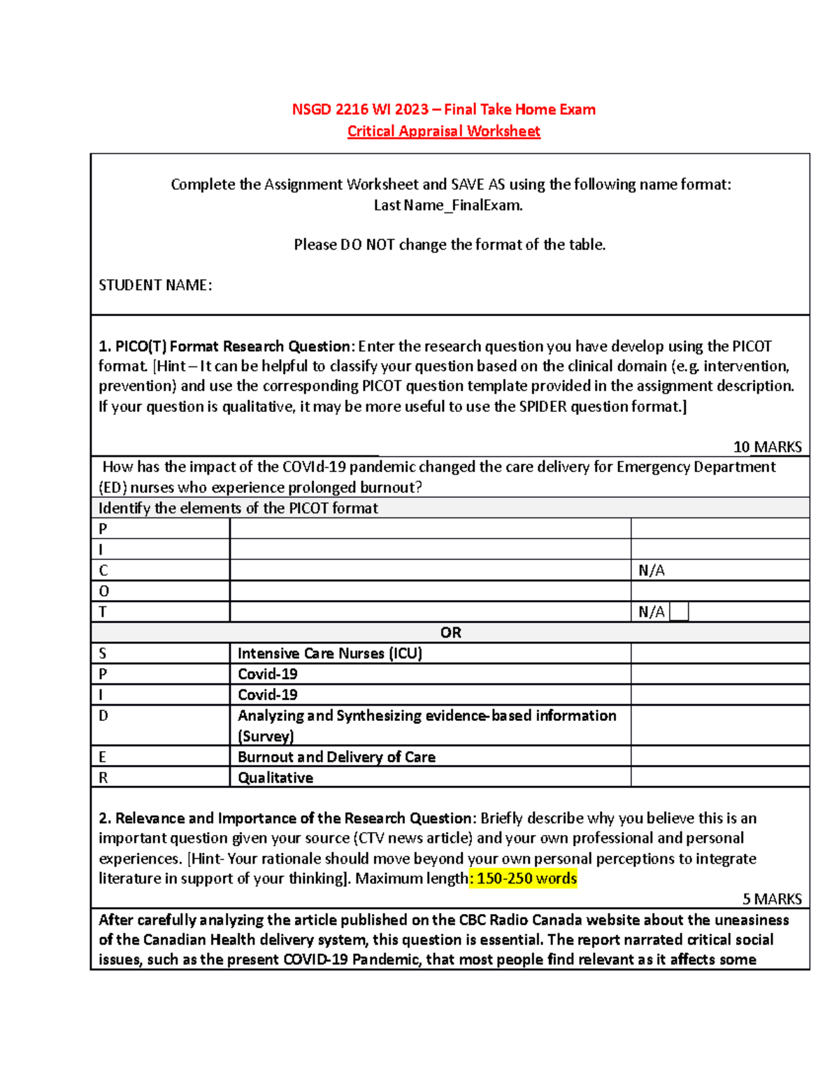 NSGD 2216 WI 2023 Final EXAM - Critical Appraisal Worksheet - NSGD 2216 ...