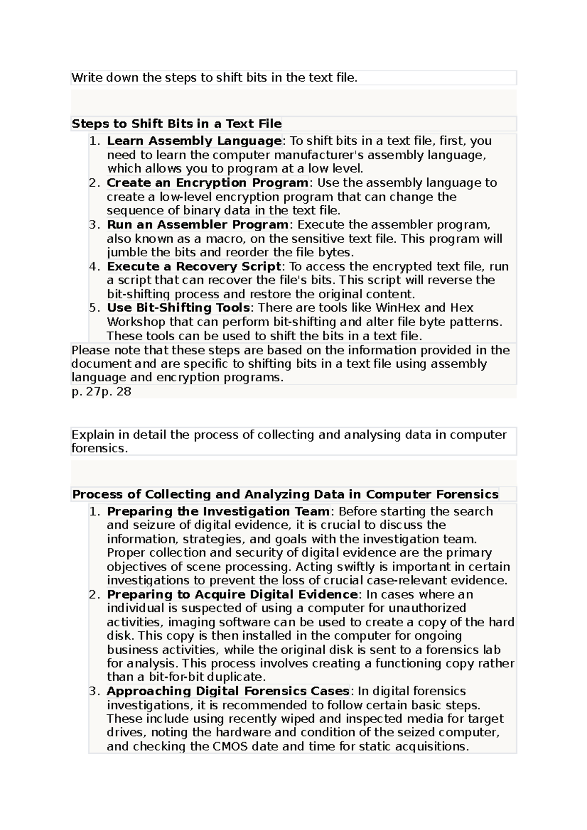 Cyber Security and Digital Forensics Assignment - Write down the steps to shift bits in the text ...