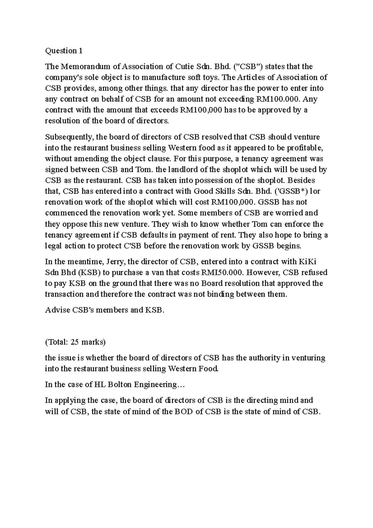 Topic 4 tutorial - summary of suggested answer - Question 1 The Memorandum of Association of ...