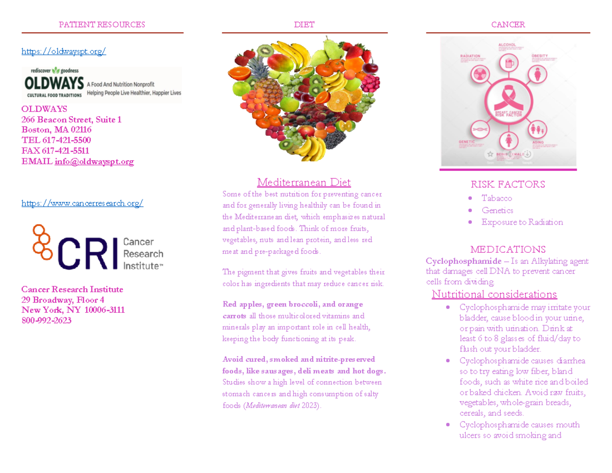 Nutrition brochure - PATIENT RESOURCES oldwayspt/ OLDWAYS 266 Beacon ...