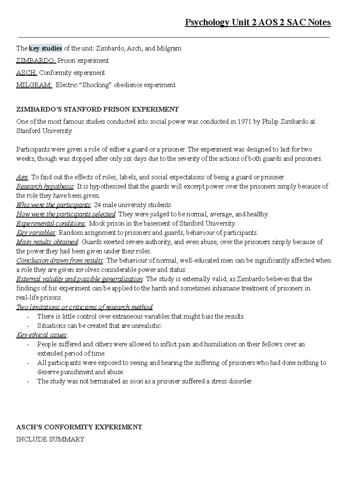 Psych Unit 1 and 2 SAC Notes - Psychology Unit 2 AOS 2 SAC Notes The ...