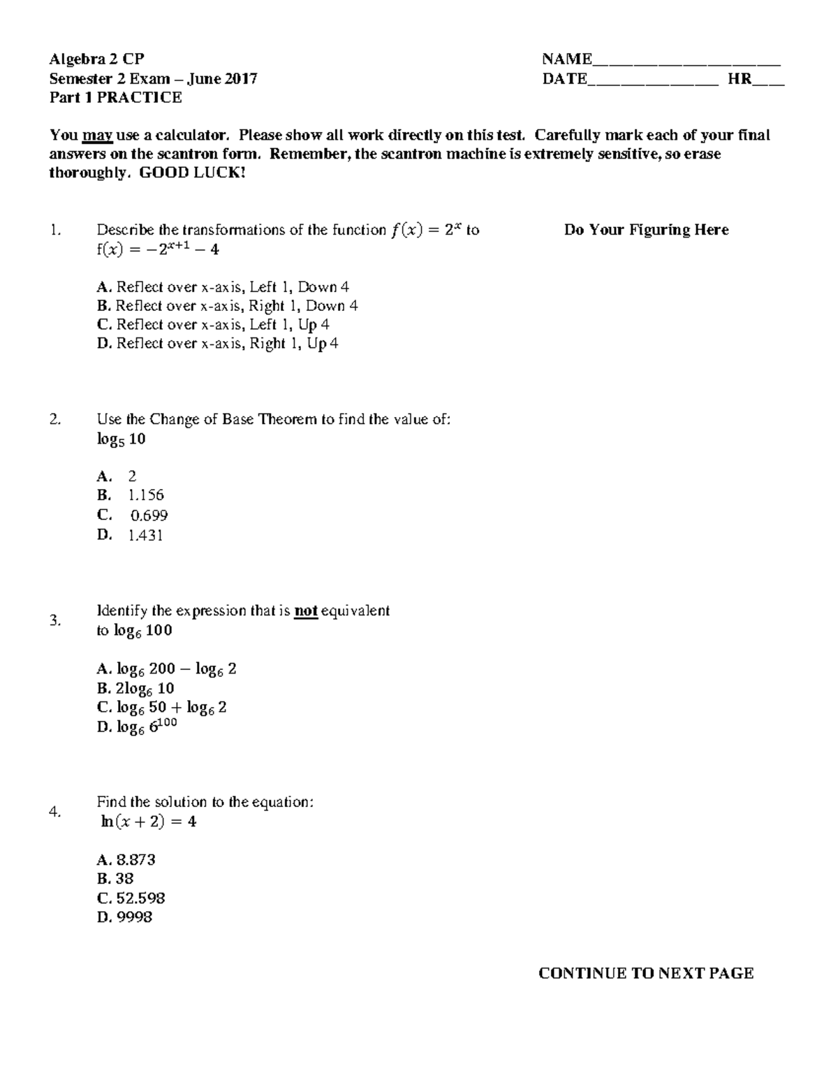 Algebra 2 CP Final Exam Practice 2017 - Algebra 2 CP NAME ...