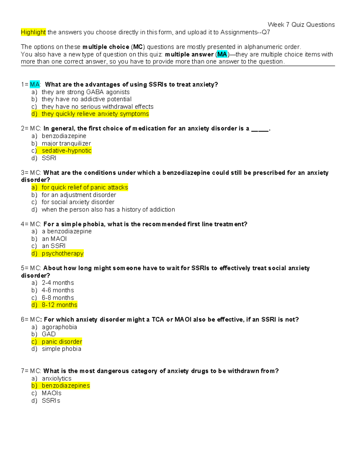 Week 7 Quiz x - quiz 7 - Week 7 Quiz Questions Highlight the answers ...