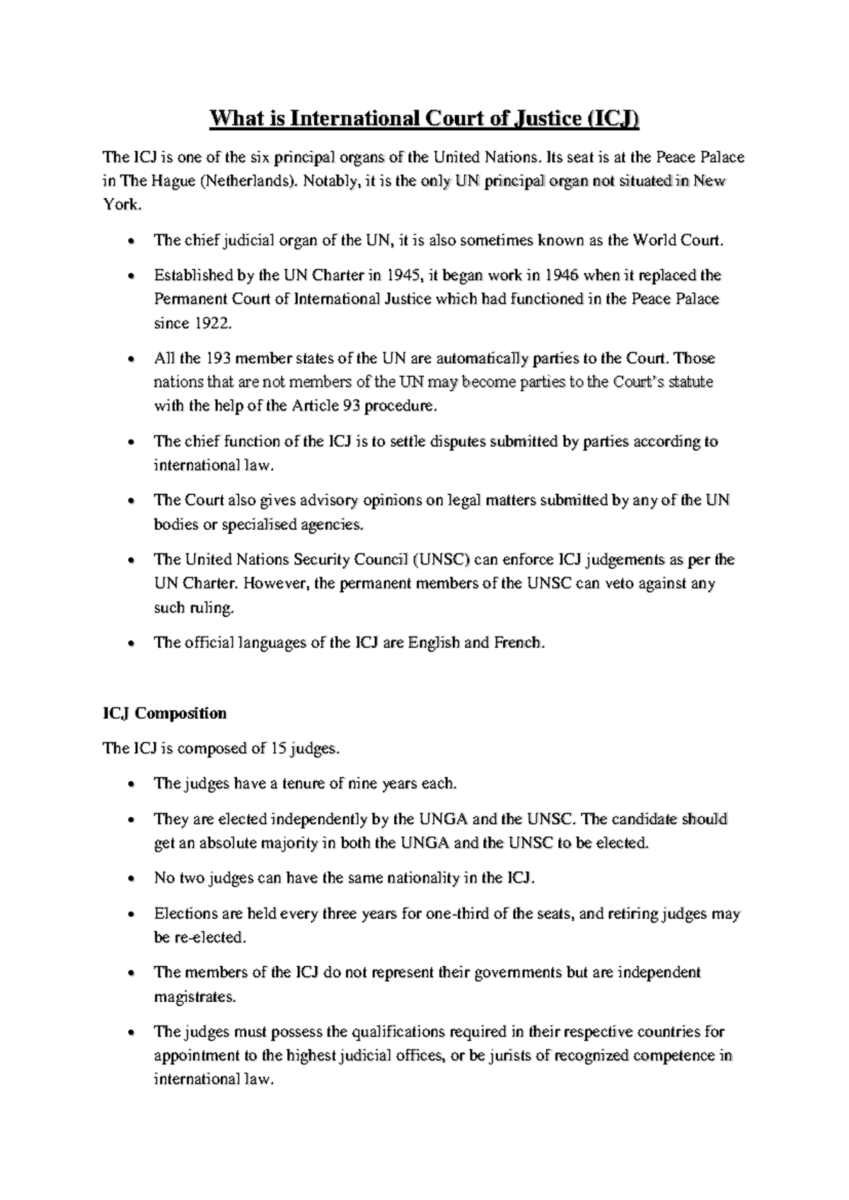 What is International Court of Justice - Its seat is at the Peace ...
