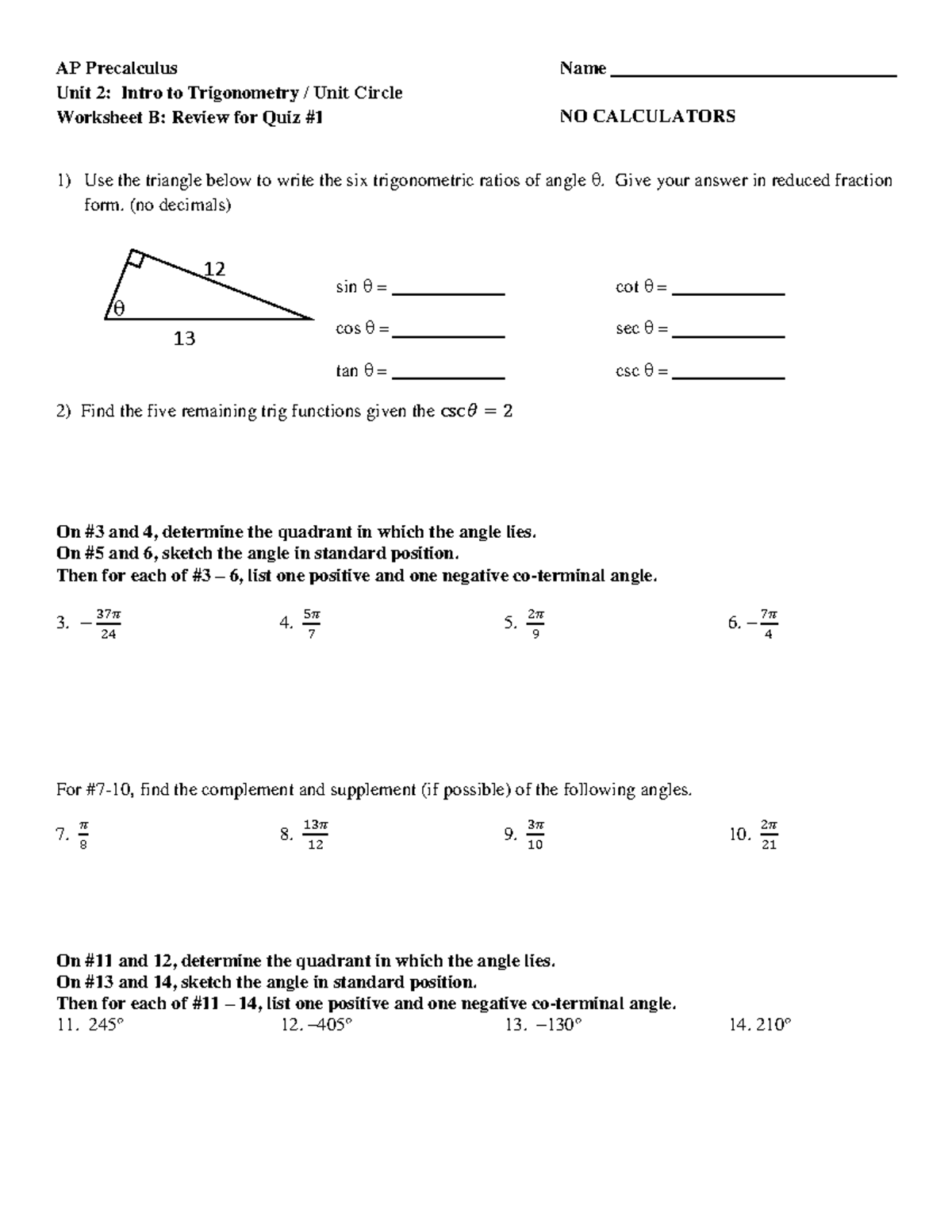 Appcu 2 Wkst B Review Quiz 1 - 12 13 AP Precalculus Name Unit 2: Intro ...