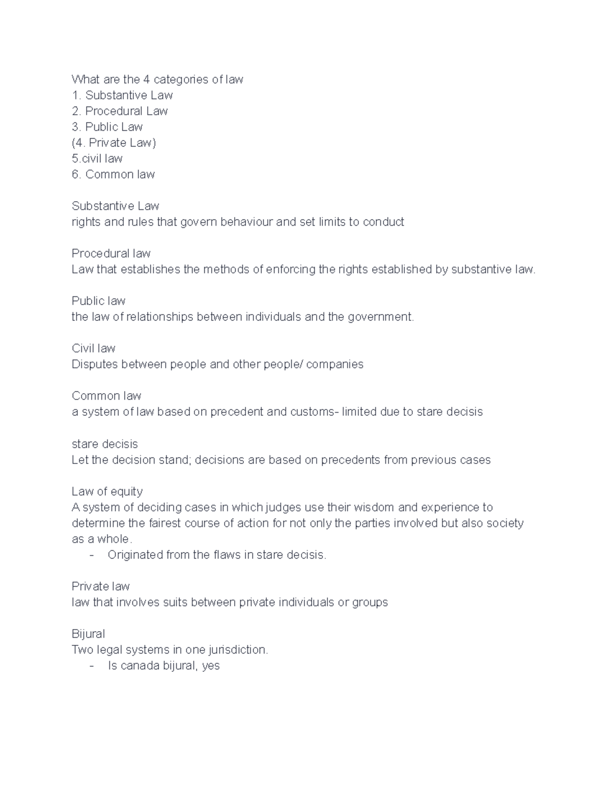 Business Law Chapter 2 Notes - What are the 4 categories of law ...