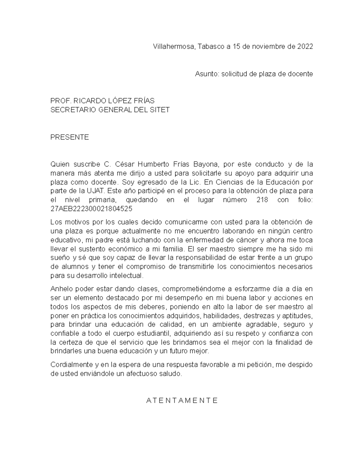 Carta de motivos - WERTYUI - Villahermosa, Tabasco a 15 de noviembre de ...