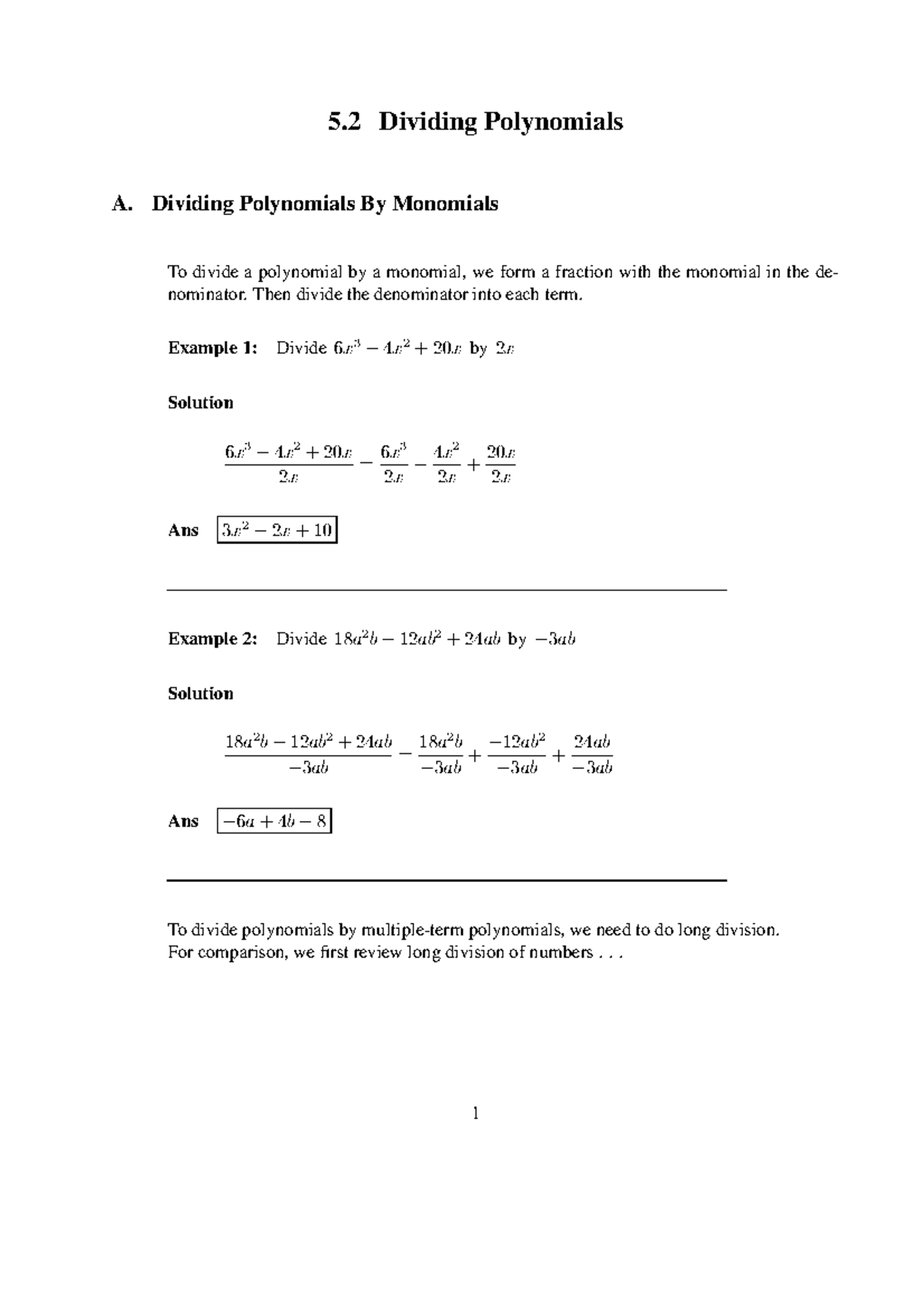 5 2 Dividing Polynomials 5 Dividing Polynomials A Dividing