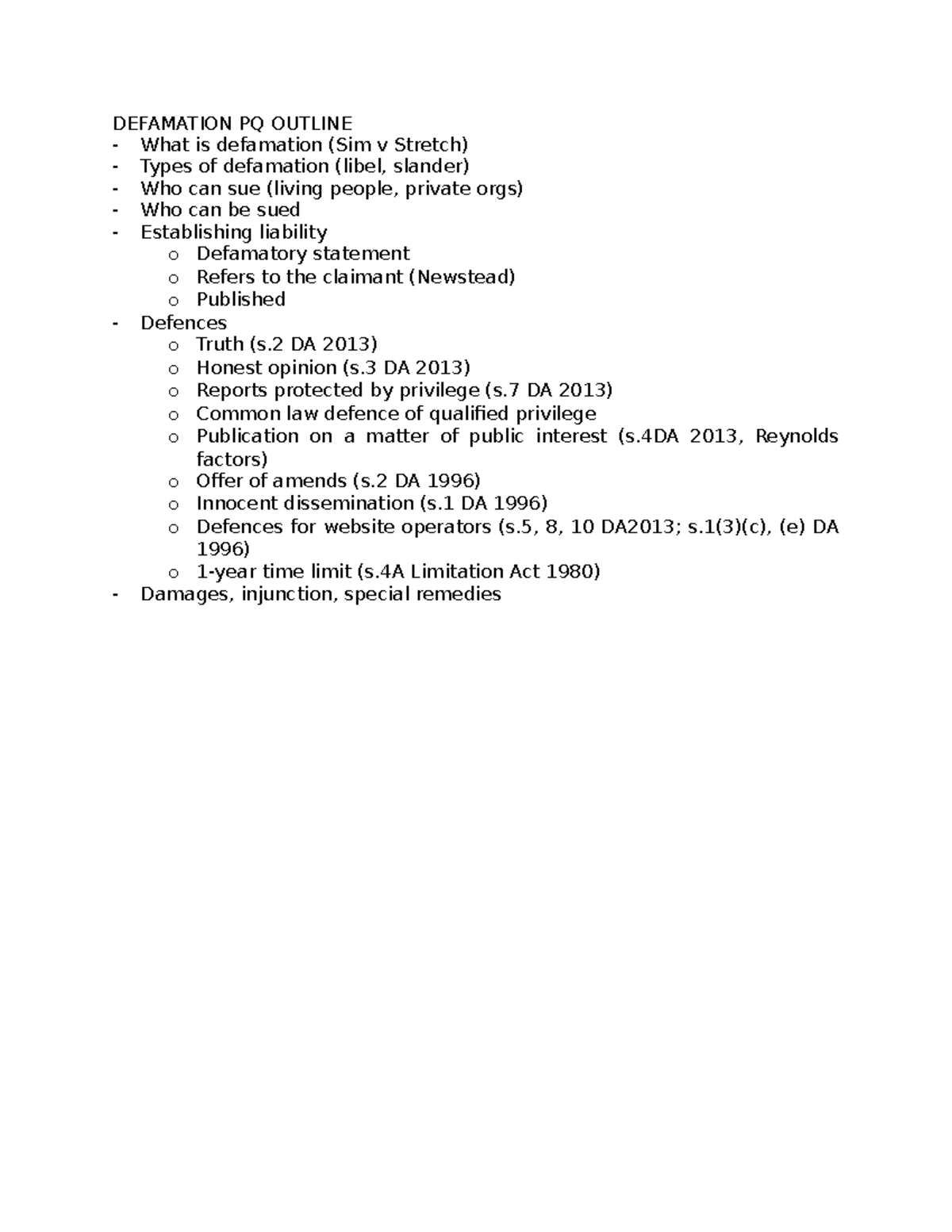 Defamation PQ Outline - stud - DEFAMATION PQ OUTLINE What is defamation ...