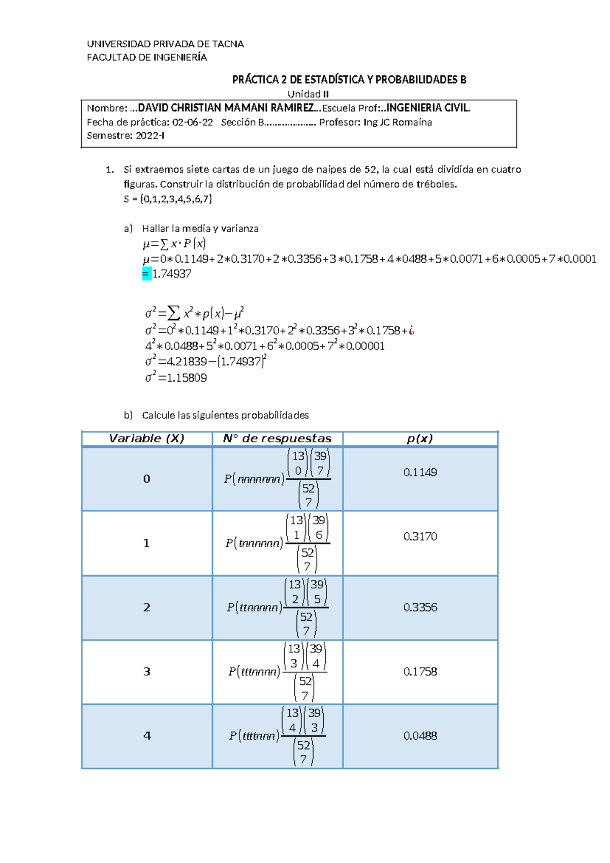 1ra practica Estad y Prob 22-I unidad 3 - FACULTAD DE INGENIERÍA ...
