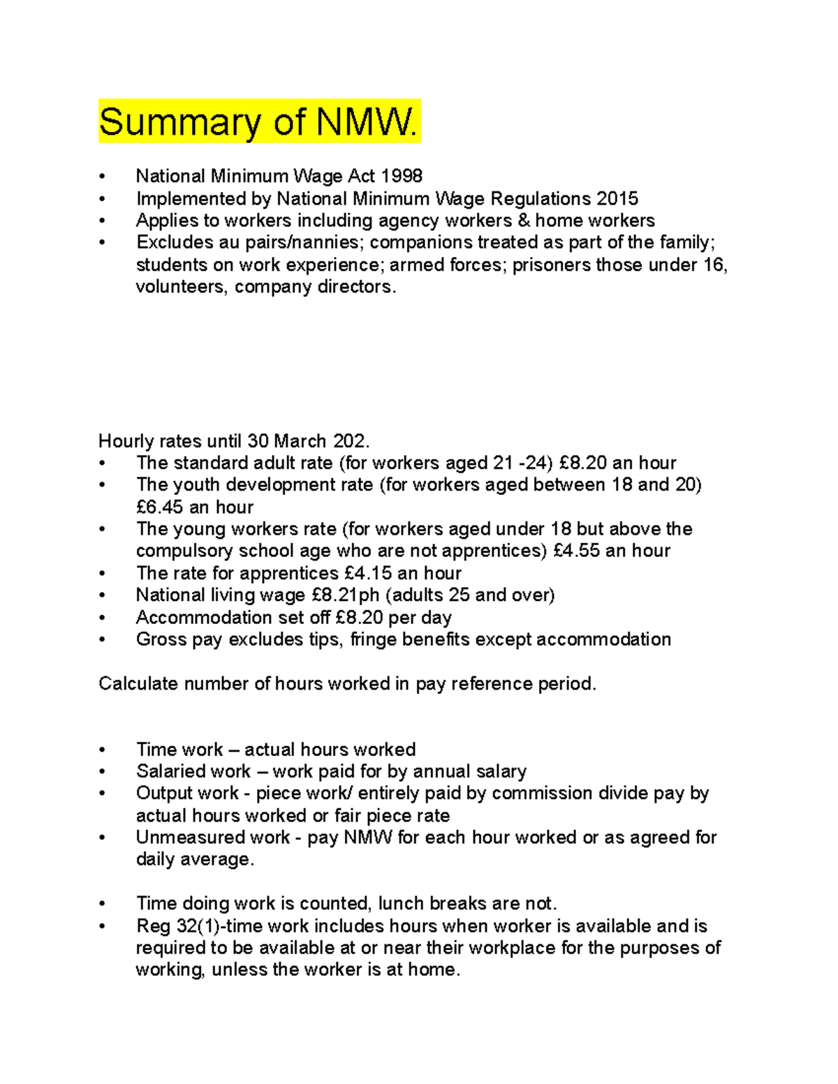 National Minimum Wage Notes - Summary of NMW. National Minimum Wage ...