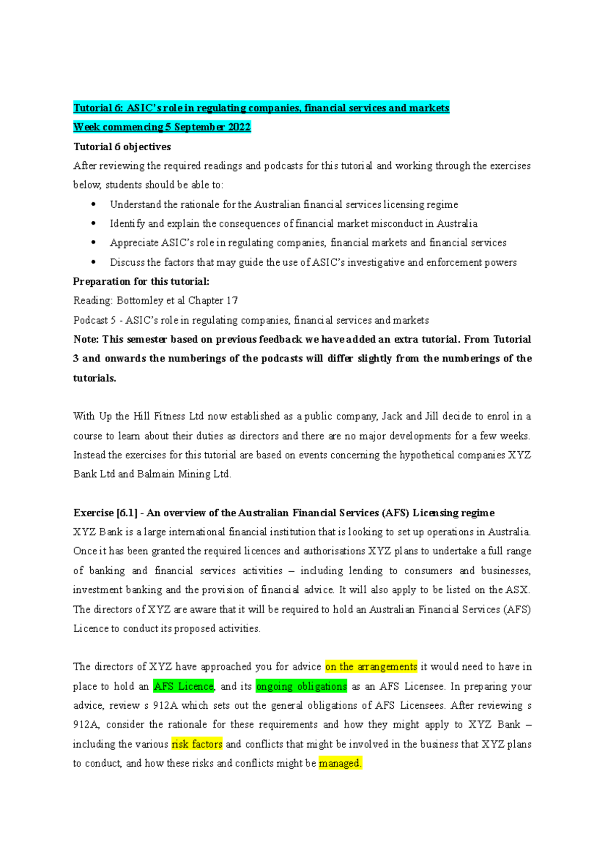 Tutorial 6 AISC - Tutorial 6: ASIC’s role in regulating companies ...