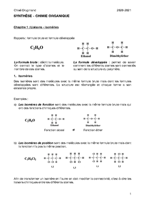 Synthèse chimieorg - Synthèse des chapitres - Chapitre 1 Hybridation Alcane Forme tetradrique 1 ...