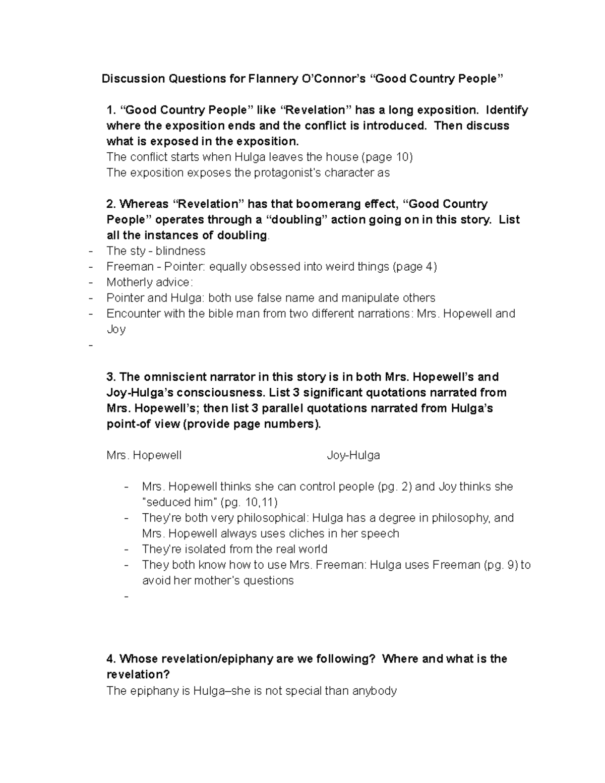 Discussion questions - good country people - Discussion Questions for ...