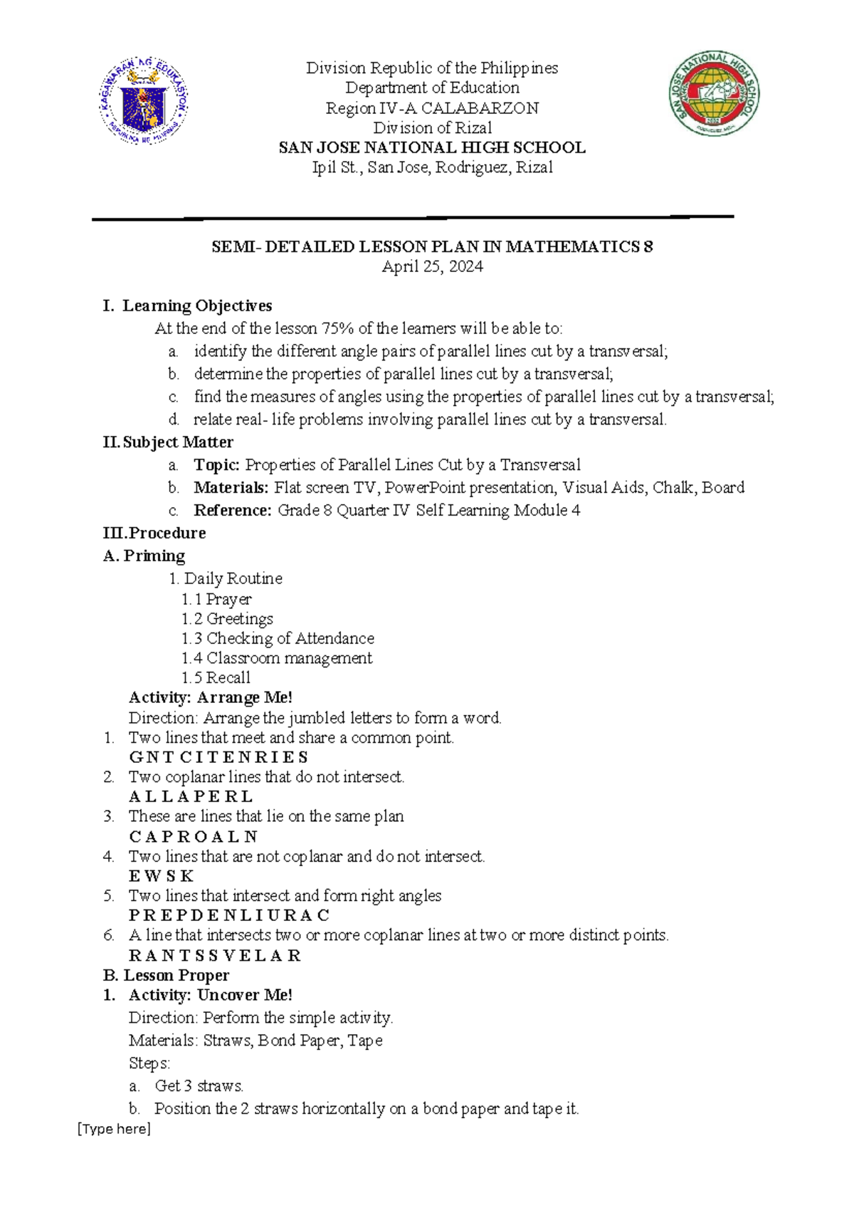 Parallel Lines CUT BY Transversal LINE Lesson PLAN - Division Republic ...