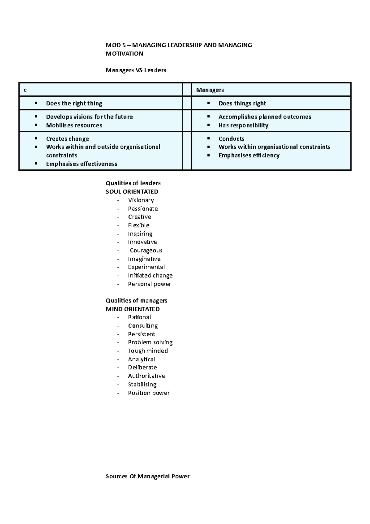 MOD 5 - module 5 - MOD 5 – MANAGING LEADERSHIP AND MANAGING MOTIVATION ...