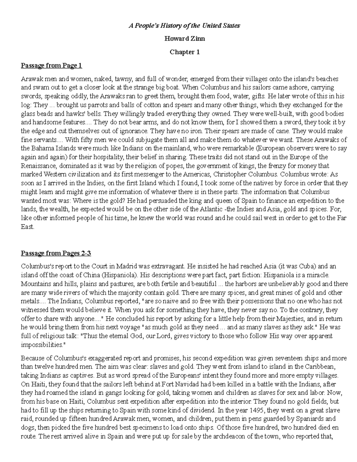 Howard Zinn Columbus - A People’s History of the United States Howard ...