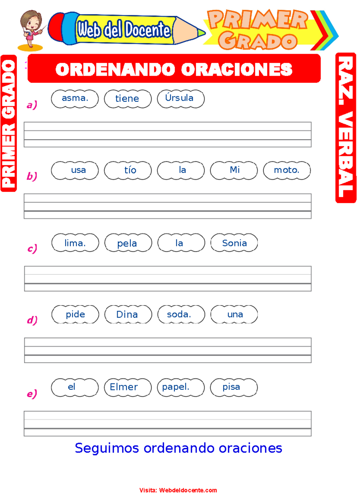 Ordenando Oraciones para Primer Grado de Primaria - 1. Lee cada palabra ...