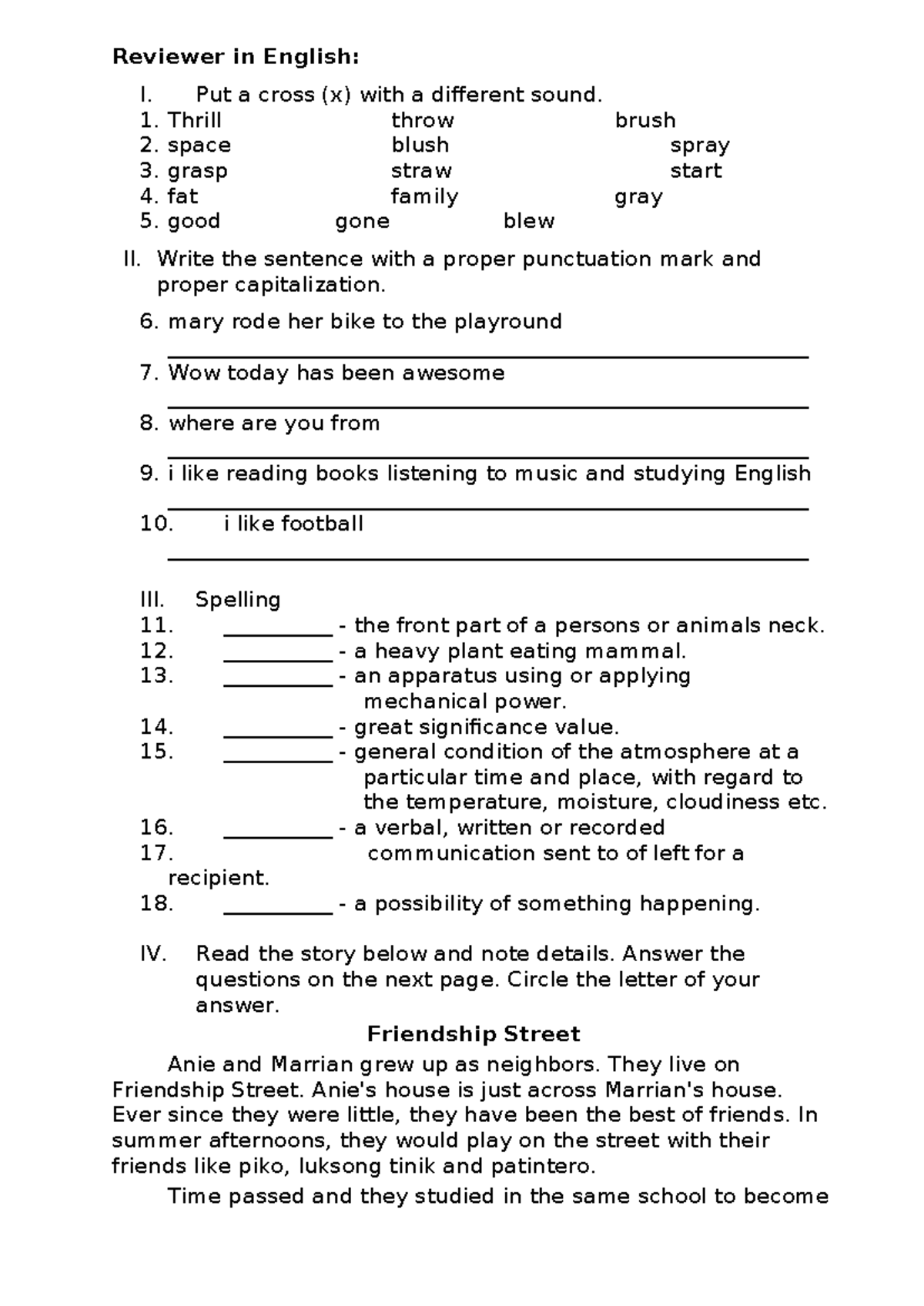 Reviewer Long Test in English G2 - Reviewer in English: I. Put a cross ...