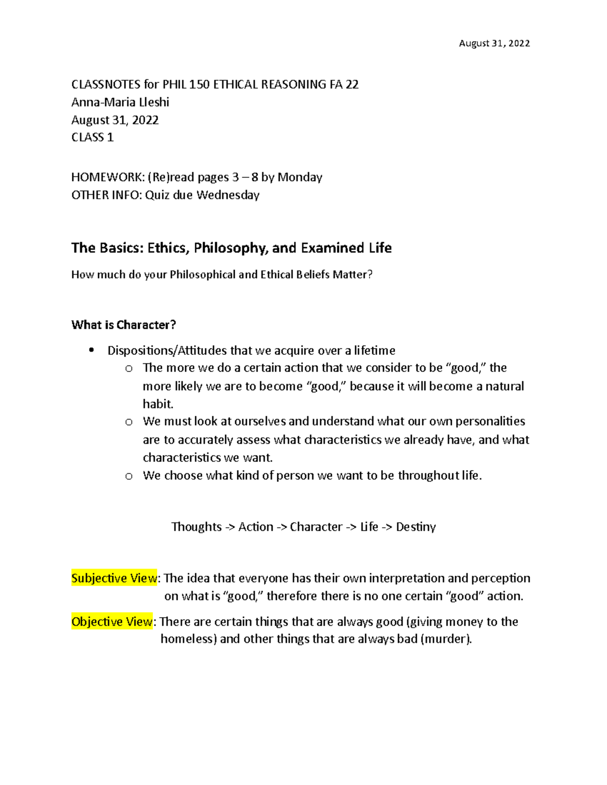 PHIL 150 Ethical Reasoning Class 1 lecture notes - CLASSNOTES for PHIL ...