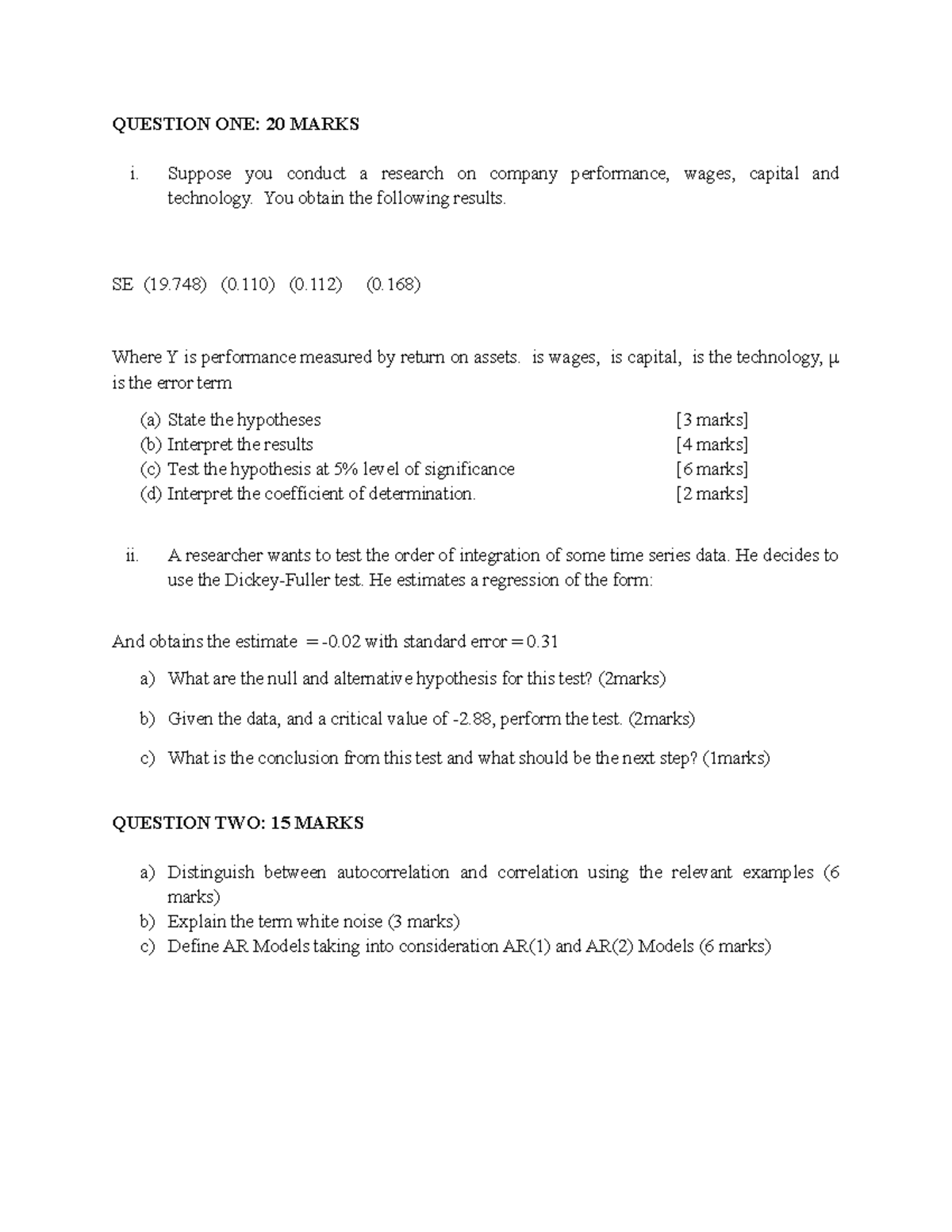 Final Exam2 - Econometrics Test Questions - QUESTION ONE: 20 MARKS i ...