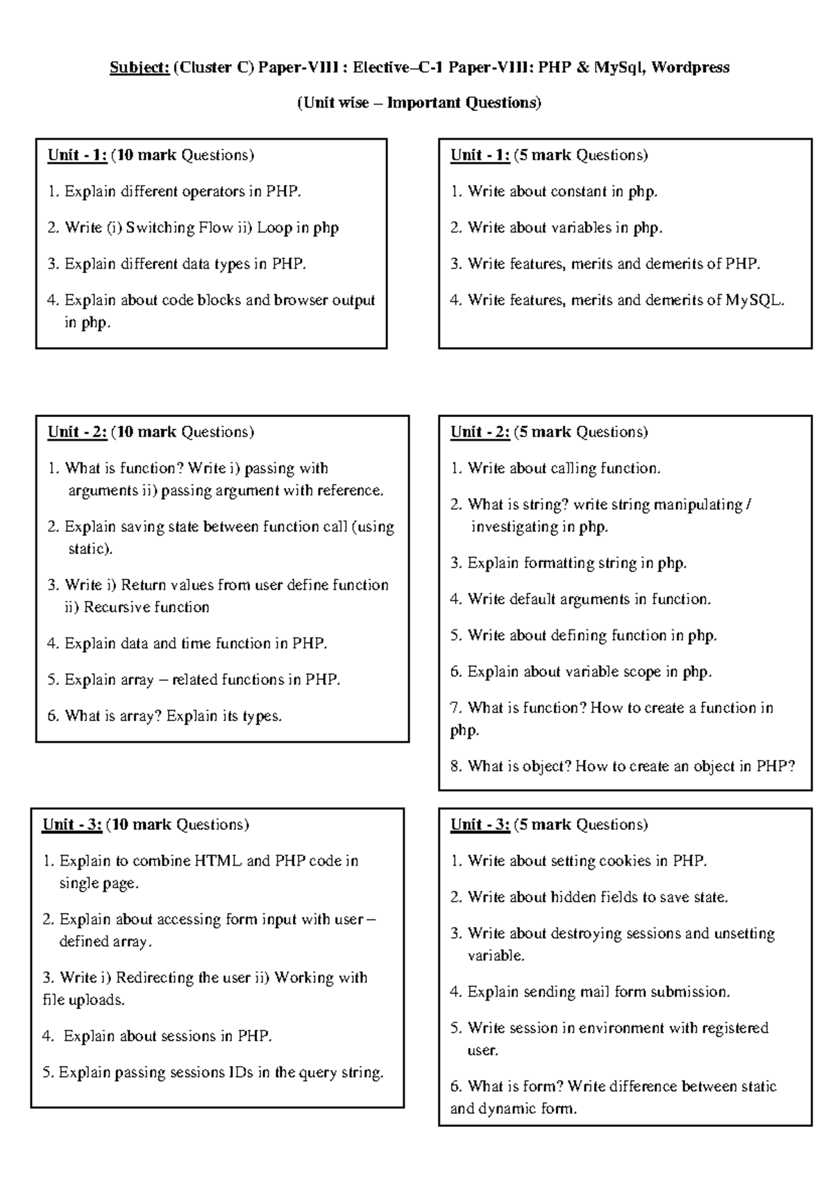 Question Bank In Php Subject Cluster C Paper Viii Electivec 1 Paper Viii Php And Mysql