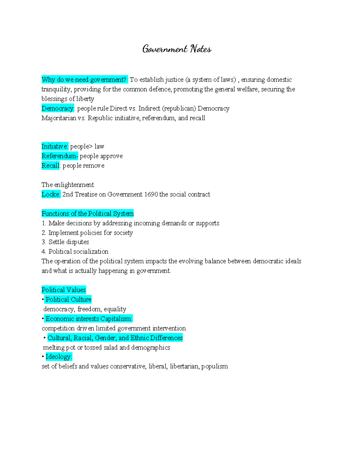 Government Notes - Government Notes Why do we need government? To ...