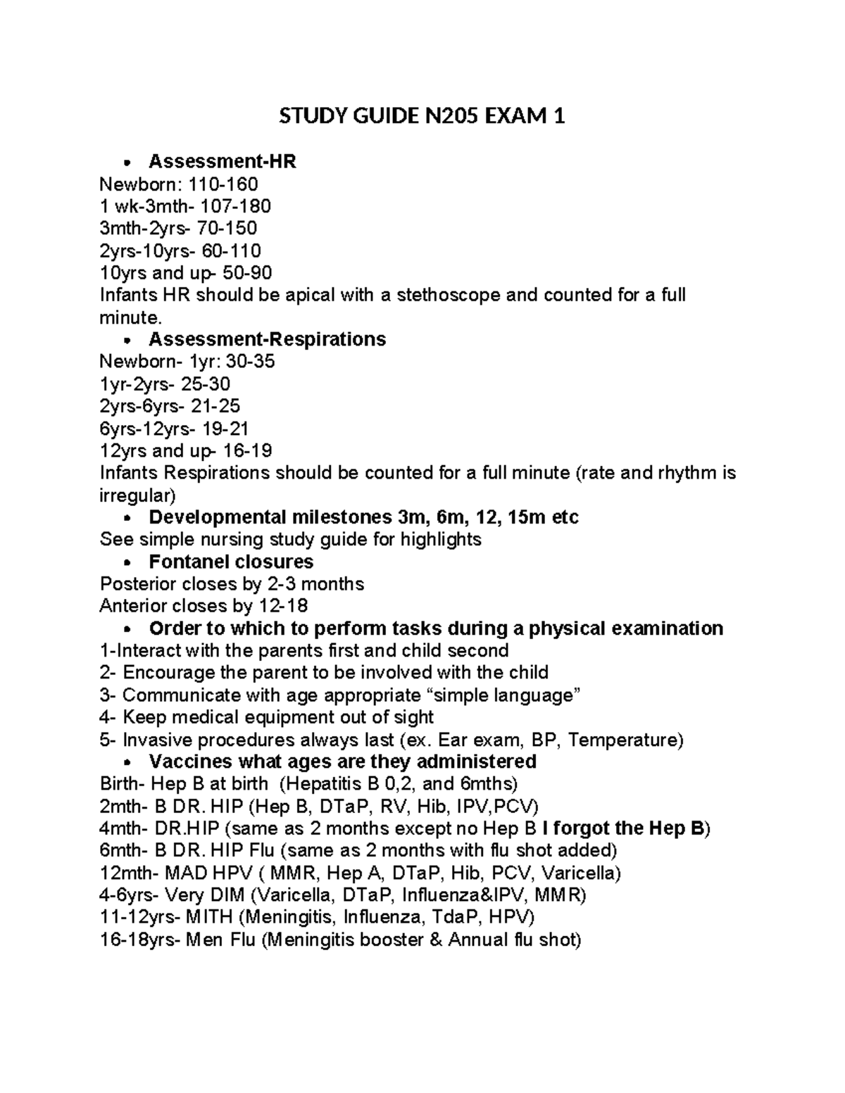 Study Guide N205 EXAM 1 - .... - STUDY GUIDE N205 EXAM 1 Assessment-HR Newborn: 110- 1 wk-3mth ...
