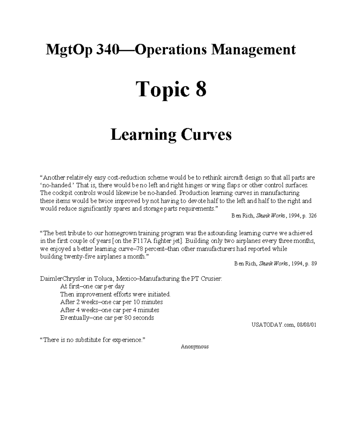 Mgtop-340 - 08 - Learning Curves - MgtOp 340—Operations Management Topic 8 Learning Curves ...