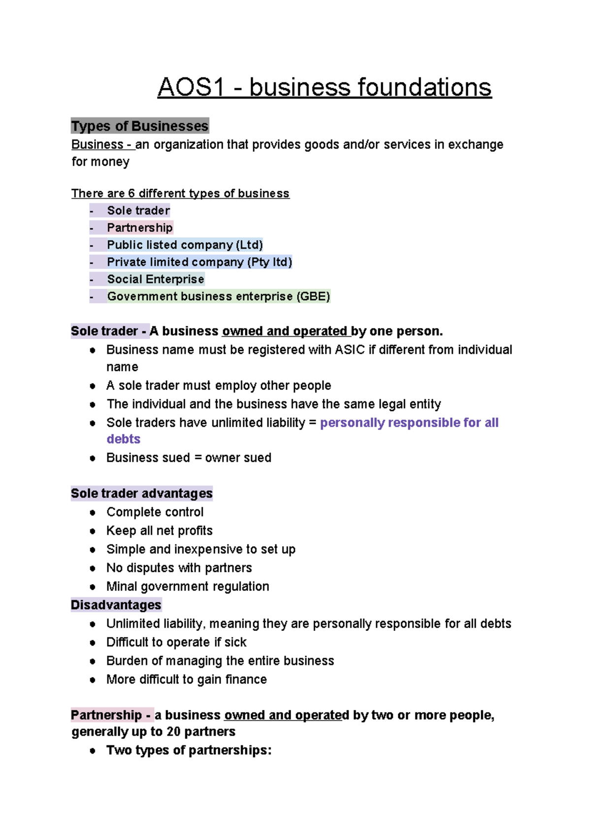 AOS1 - notes on aos 1 - AOS1 - business foundations Types of Businesses ...