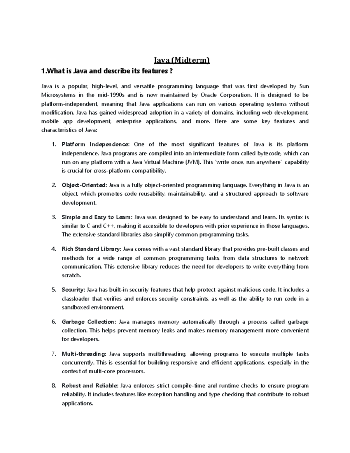 Java Java Java Midterm 1 Is Java And Describe Its Features Java