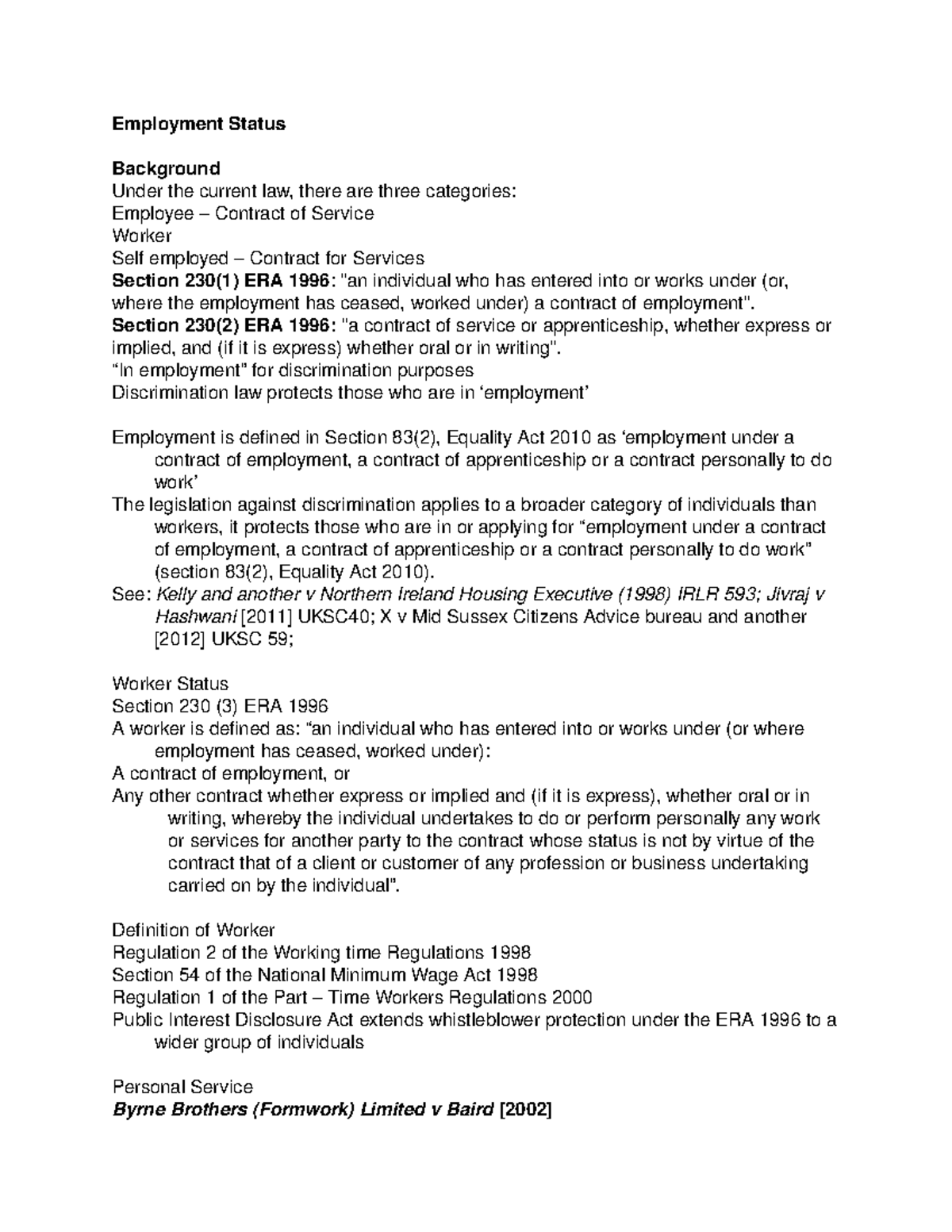 Employment Status 1 - Employment Status Background Under the current ...