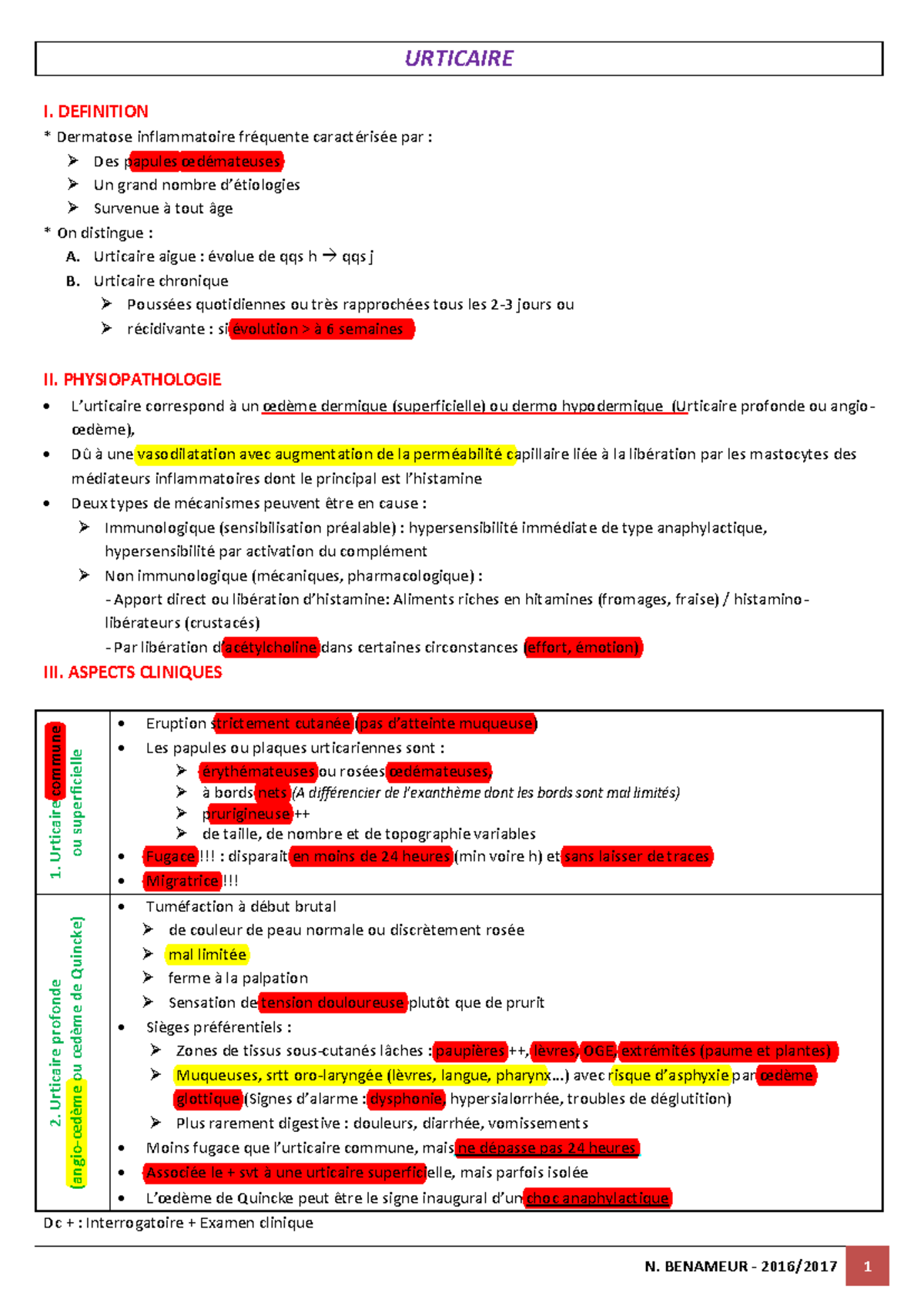 2. Urticaire - cours important - N. BENAMEUR - 2016 / 2017 1 I ...