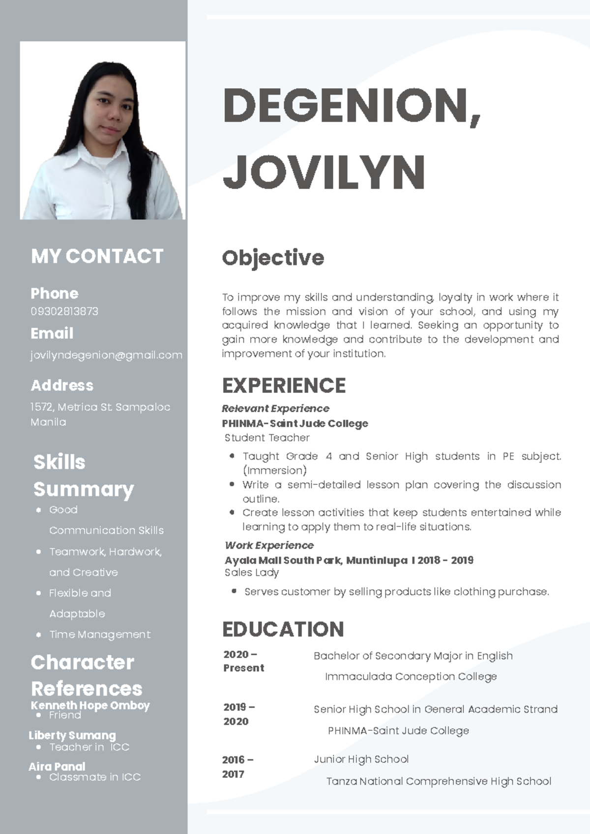 Resume- Useful - Senior High School in General Academic Strand DEGENION ...