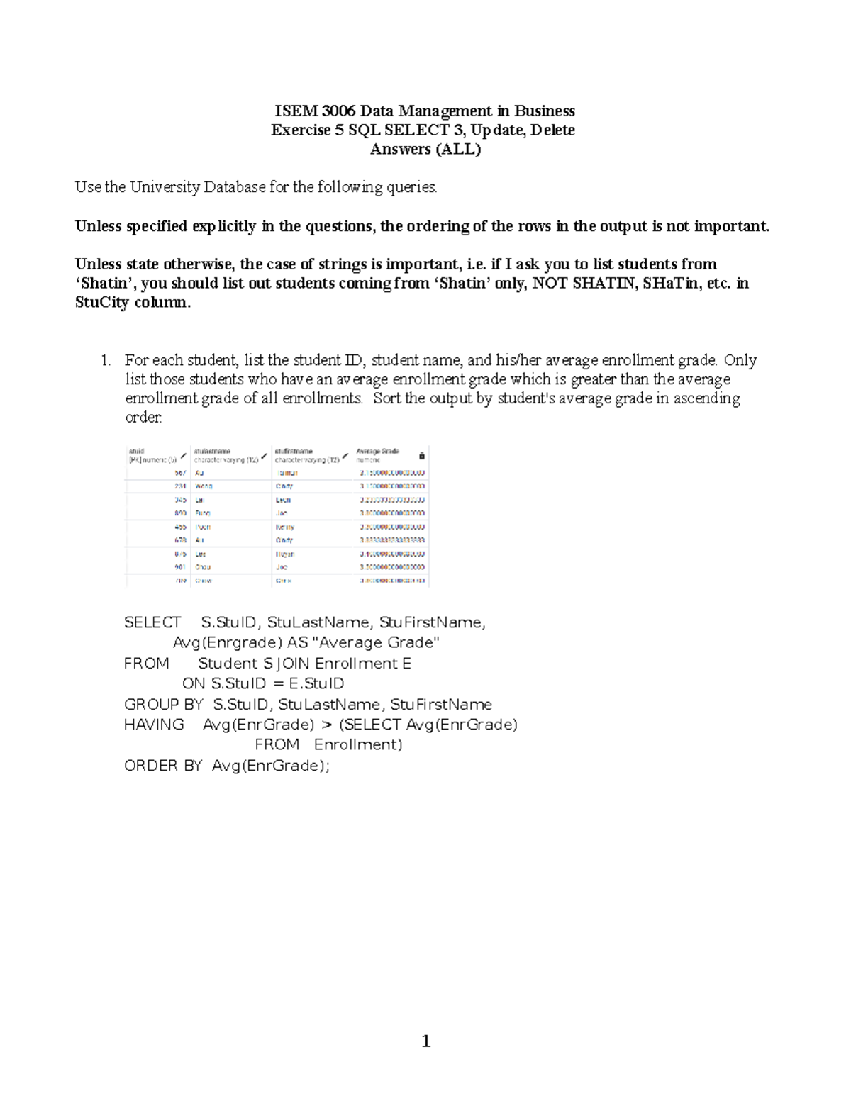 Exercise 5 SQL Select 3 Update Delete with Answers (ALL) - ISEM 3006 Data Management in Business ...